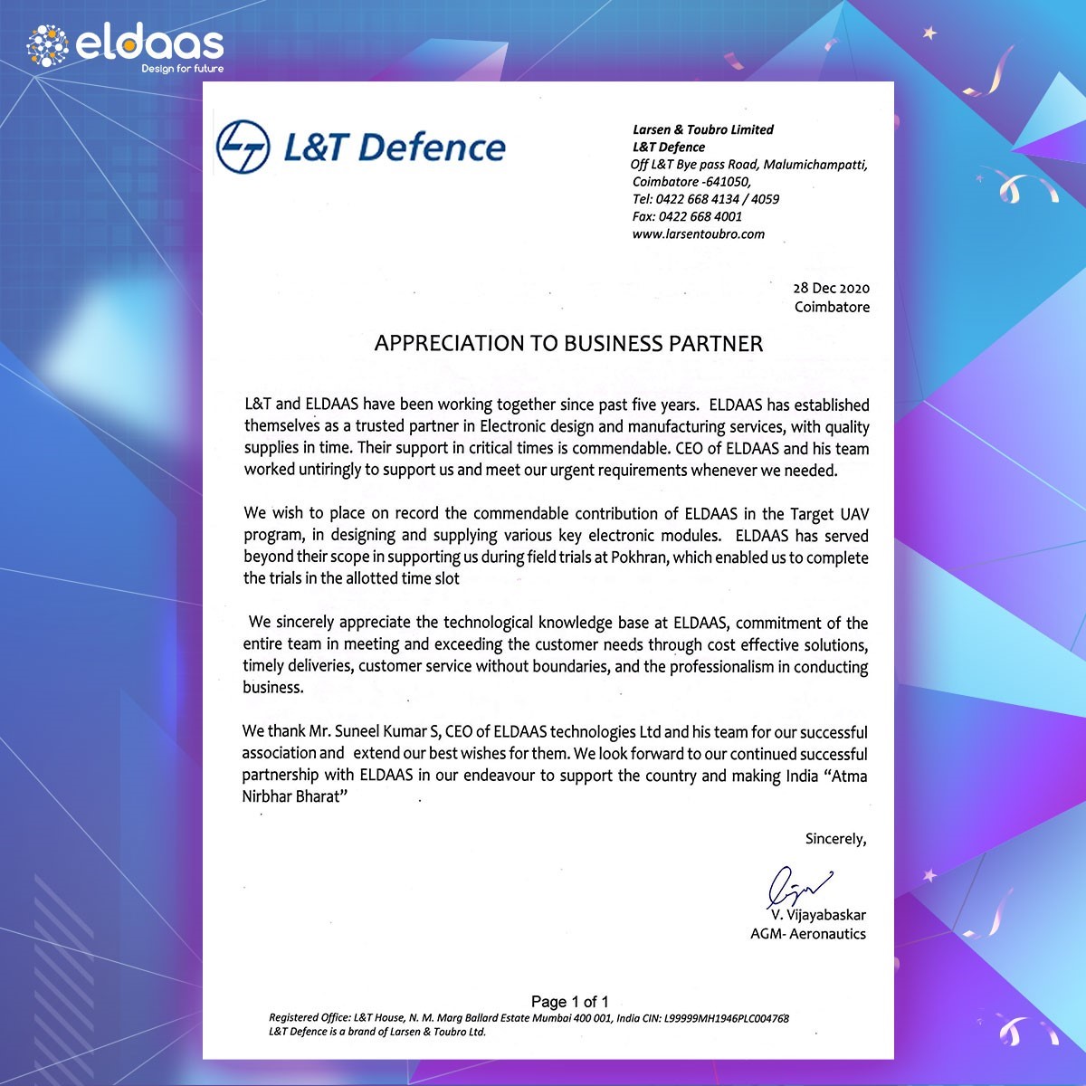 Appreciation Letter from Business Partner as best company to deliver ...